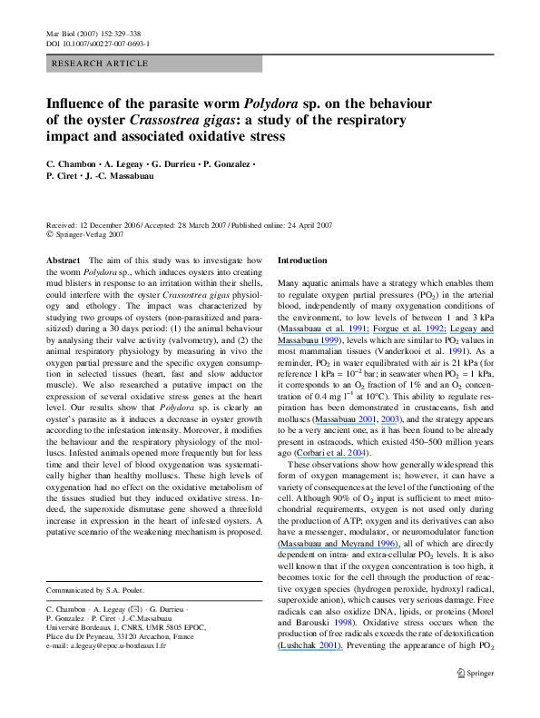 (PDF) Influence of the parasite worm Polydora sp. on the behaviour of ...
