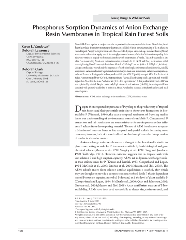 (PDF) Phosphorus Sorption Dynamics of Anion Exchange Resin Membranes in Tropical Rain Forest Soils