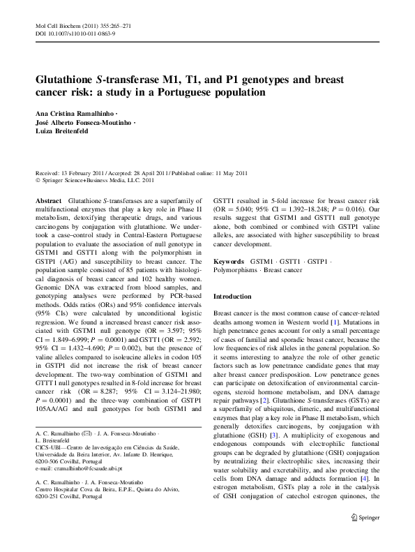 (PDF) Glutathione S-transferase M1, T1, and P1 genotypes and rheumatoid arthritis