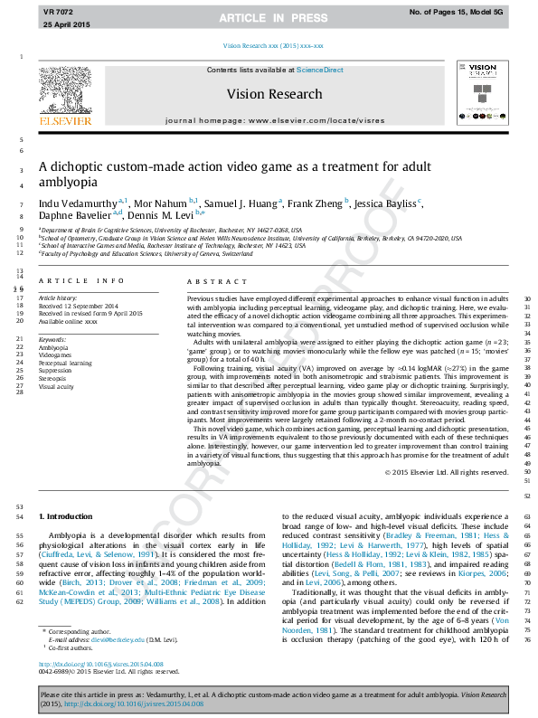 (PDF) A dichoptic custom-made action video game as a treatment for ...