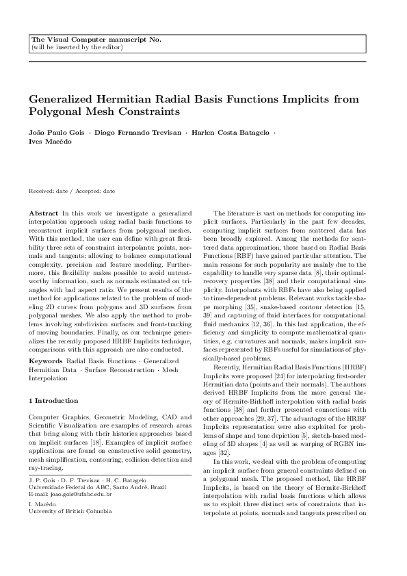 (PDF) Generalized Hermitian Radial Basis Functions Implicits from polygonal mesh constraints