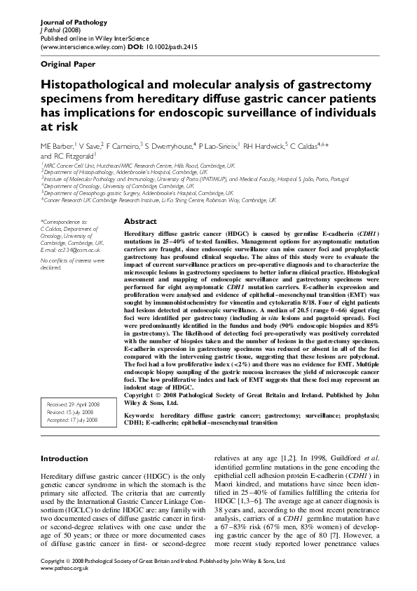 (PDF) Histopathological and molecular analysis of gastrectomy specimens ...