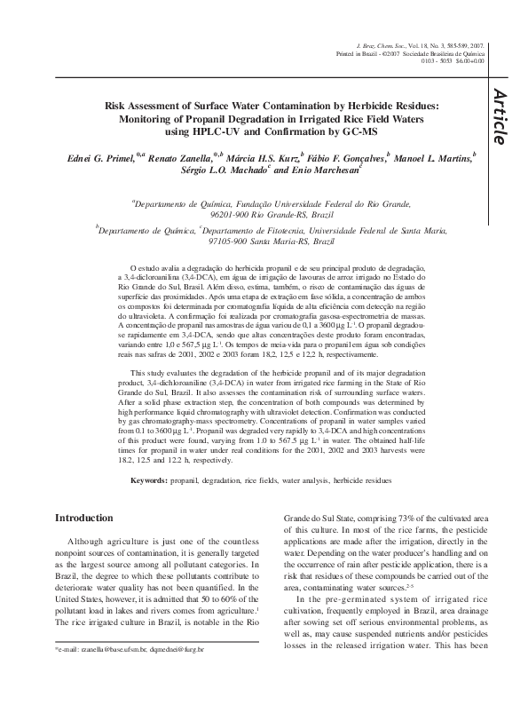 (PDF) Risk assessment of surface water contamination by herbicide ...