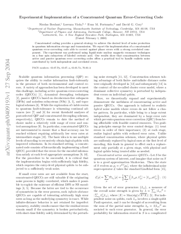 Pdf Experimental Implementation Of A Concatenated Quantum Error Correcting Code Lorenza