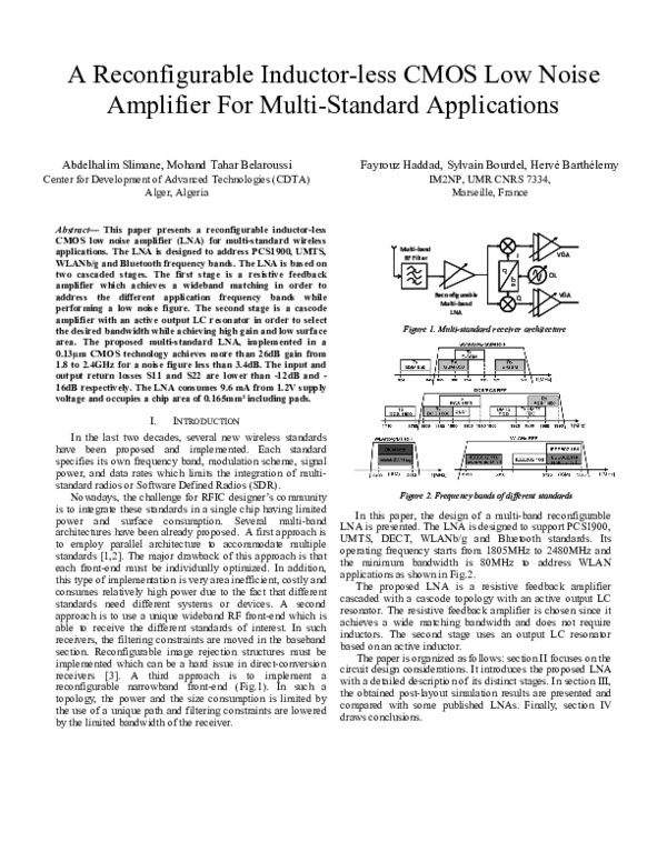 (PDF) A reconfigurable inductor-less CMOS low noise amplifier for multi-standard applications