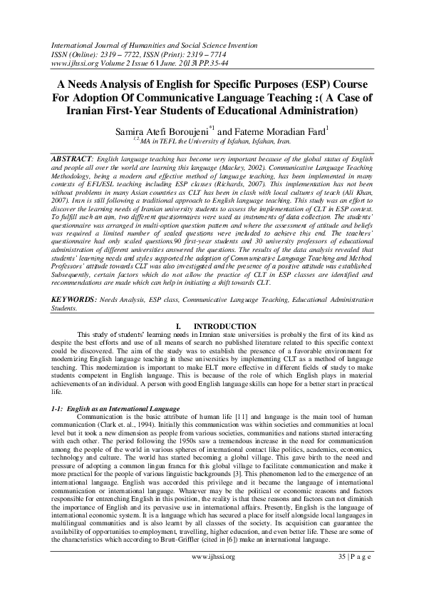 (PDF) A Needs Analysis of English for Specific Purposes (ESP) Course ...