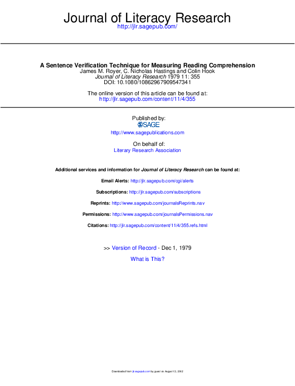Pdf A Sentence Verification Technique For Measuring Reading Comprehension