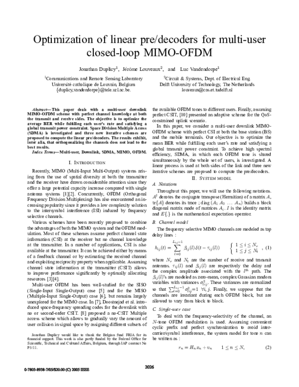 Pdf Optimization Of Linear Predecoders For Multi User Closed Loop Mimo Ofdm