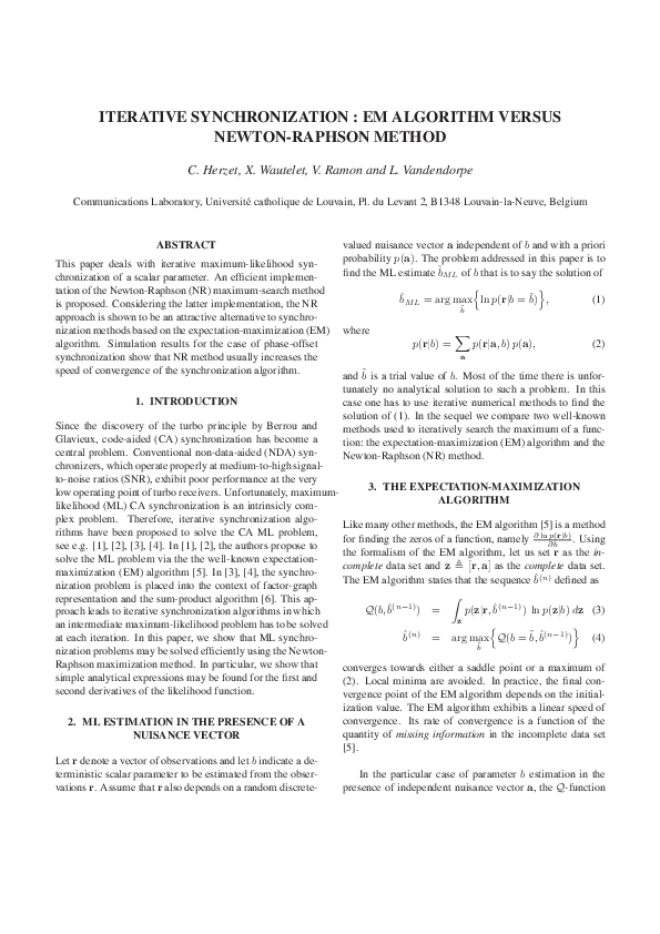 (PDF) Iterative Synchronization: EM Algorithm Versus Newton-Raphson Method