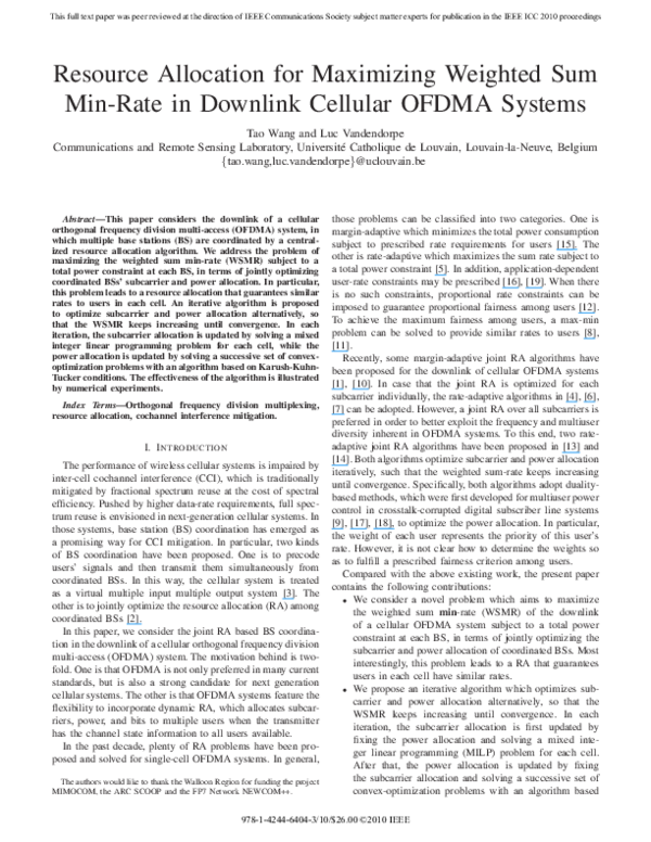 Pdf Resource Allocation For Maximizing Weighted Sum Of Per Cell Min Rate In Multi Cell Df