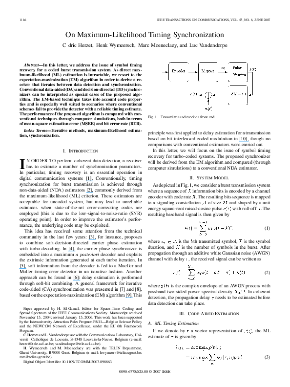 Pdf On Maximum Likelihood Timing Synchronization