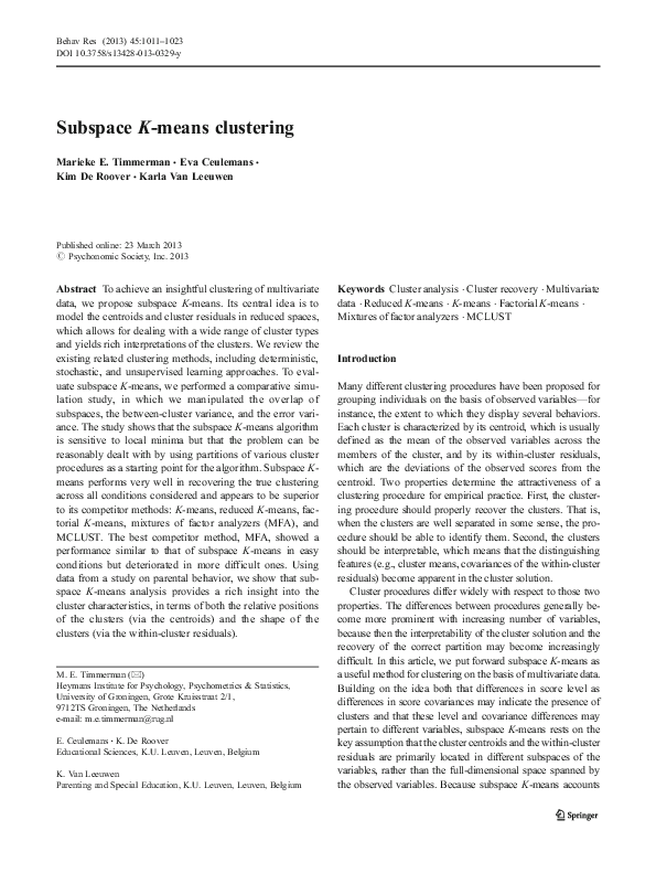 Pdf Subspace K Means Clustering 