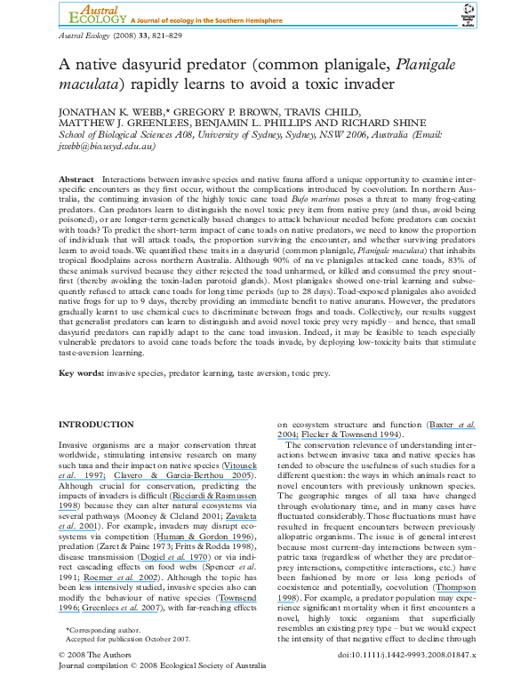 (PDF) Planigale Learns to Avoid Toxic Cane Toads