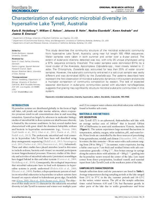(PDF) Characterization of eukaryotic microbial diversity in hypersaline Lake Tyrrell, Australia