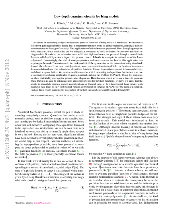 (PDF) Low depth quantum circuits for Ising models
