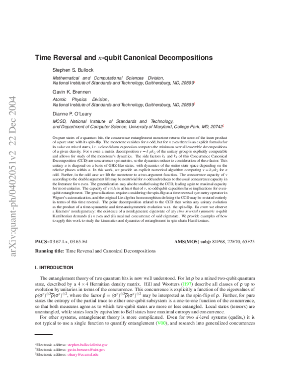 (PDF) Time reversal and n-qubit canonical decompositions