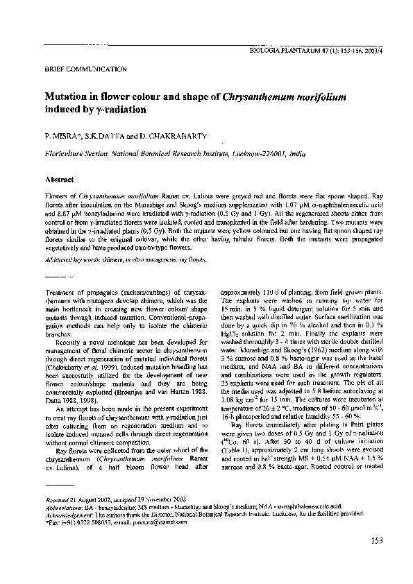 (PDF) Mutation in flower colour and shape of Chrysanthemum morifolium ...