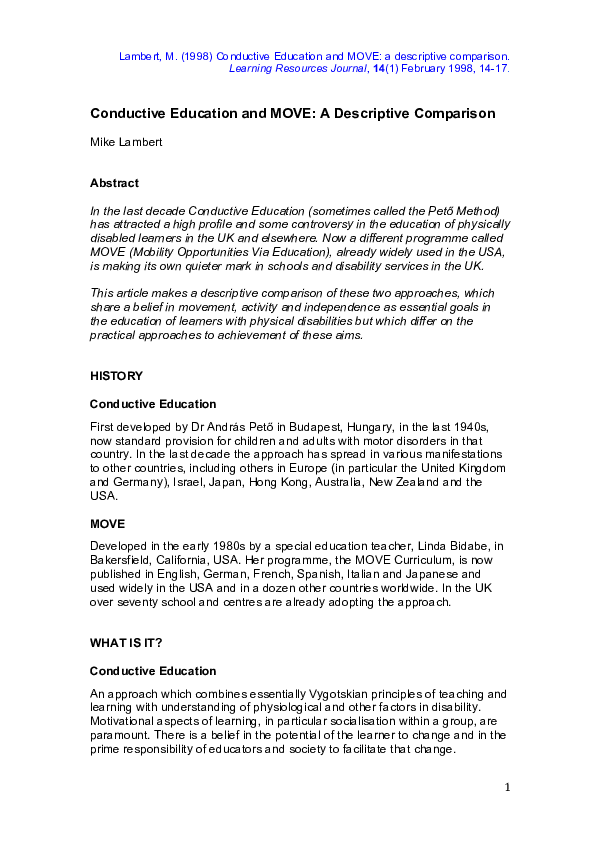 (PDF) Conductive Education and MOVE: A Descriptive Comparison