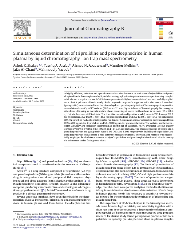 (PDF) Simultaneous determination of triprolidine and pseudoephedrine in human plasma by liquid ...