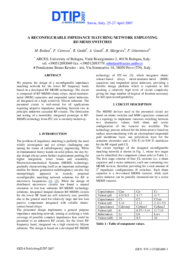 Pdf A Reconfigurable Impedance Matching Network Employing Rf Mems
