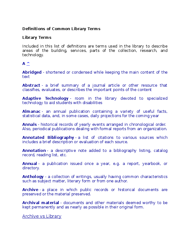 (DOC) Definitions of Common Library Terms