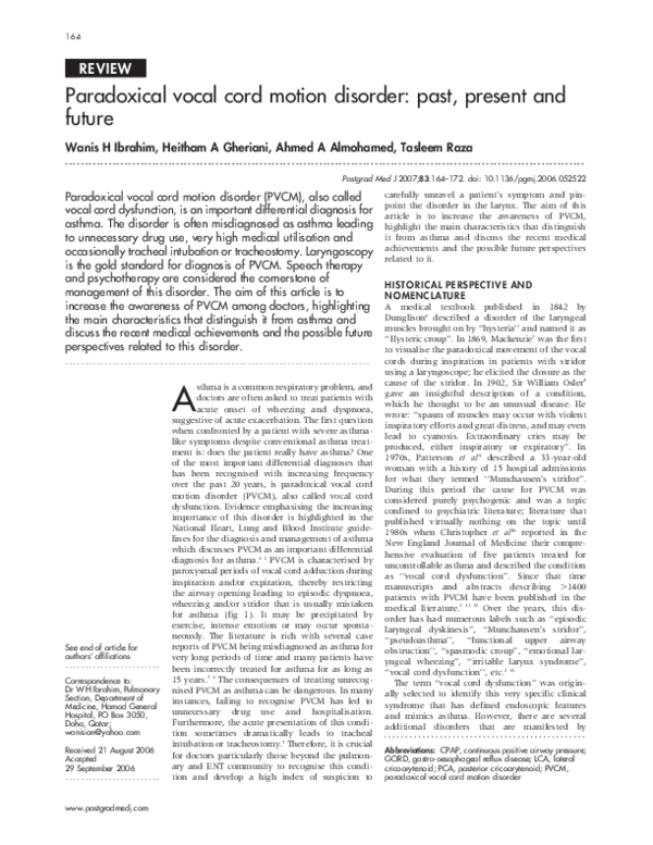 (PDF) Paradoxical vocal cord motion disorder: past, present and future
