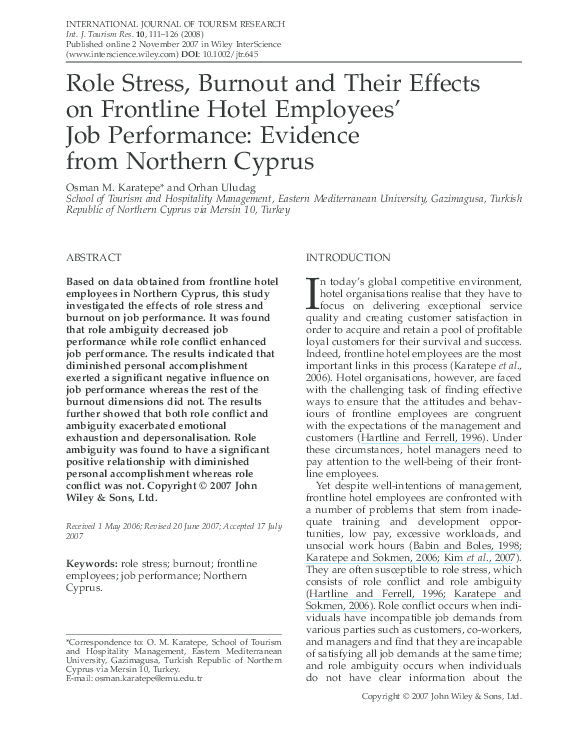 (PDF) Role stress, burnout and their effects on frontline hotel ...
