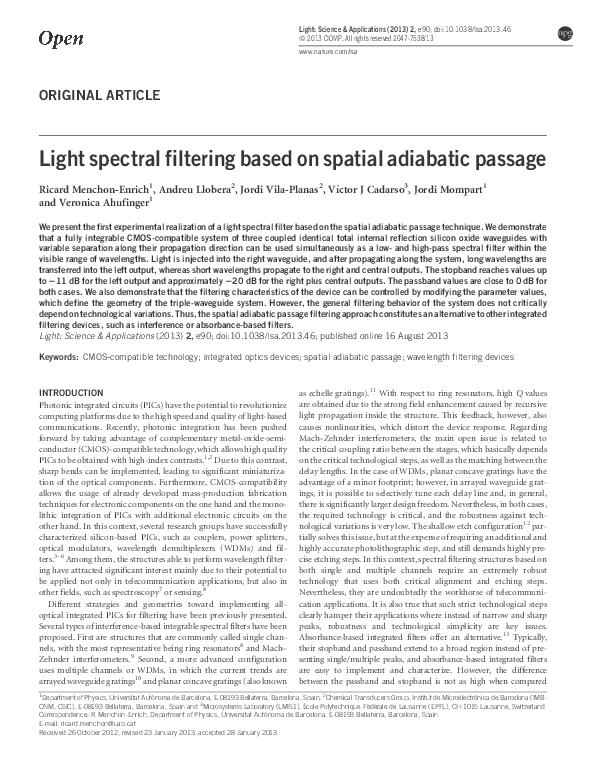 (PDF) Light spectral filtering based on spatial adiabatic passage