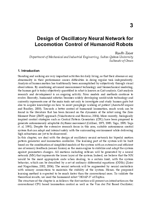 (PDF) Design of Oscillatory Neural Network for Locomotion Control of Humanoid Robots