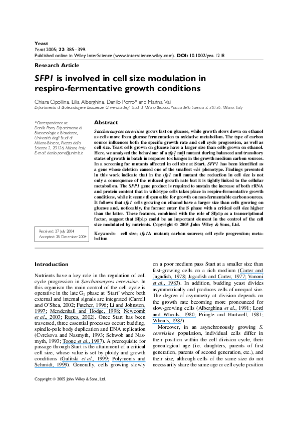 (PDF) SFP1 is involved in cell size modulation in respiro-fermentative ...
