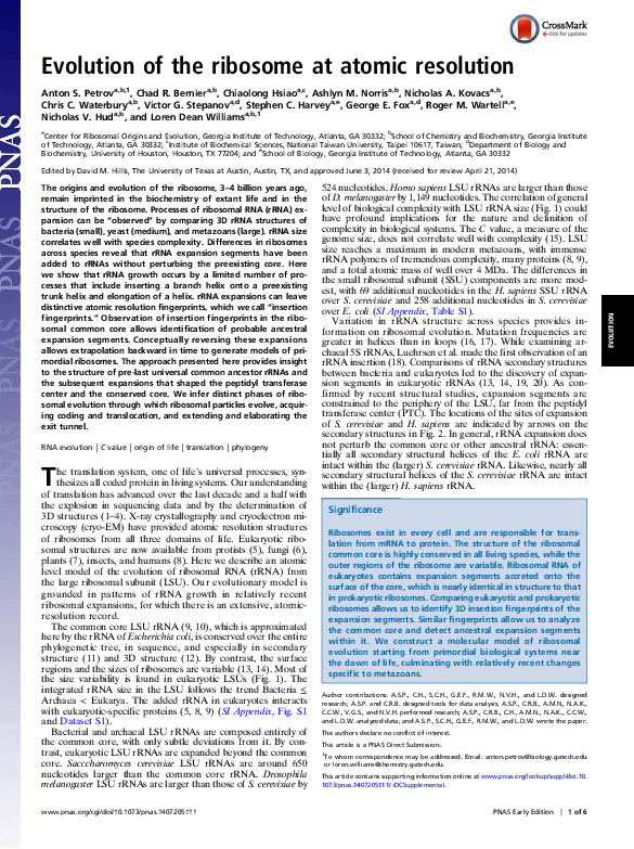 (PDF) Evolution of the ribosome at atomic resolution | Nicholas Kovacs ...