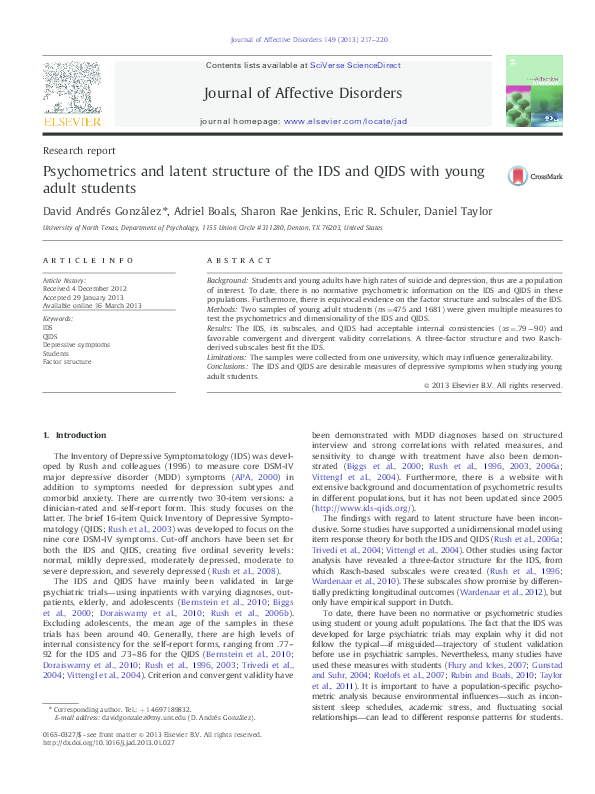 (PDF) Psychometrics of IDS and QIDS in Young Adults