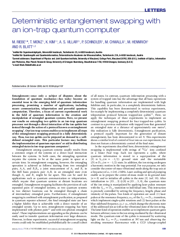 Pdf Deterministic Entanglement Swapping With An Ion Trap Quantum Computer