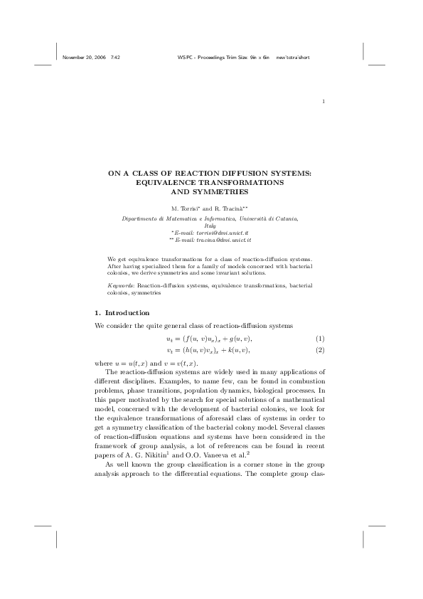 Pdf On A Class Of Reaction Diffusion Systems Equivalence Transformations And Symmetries