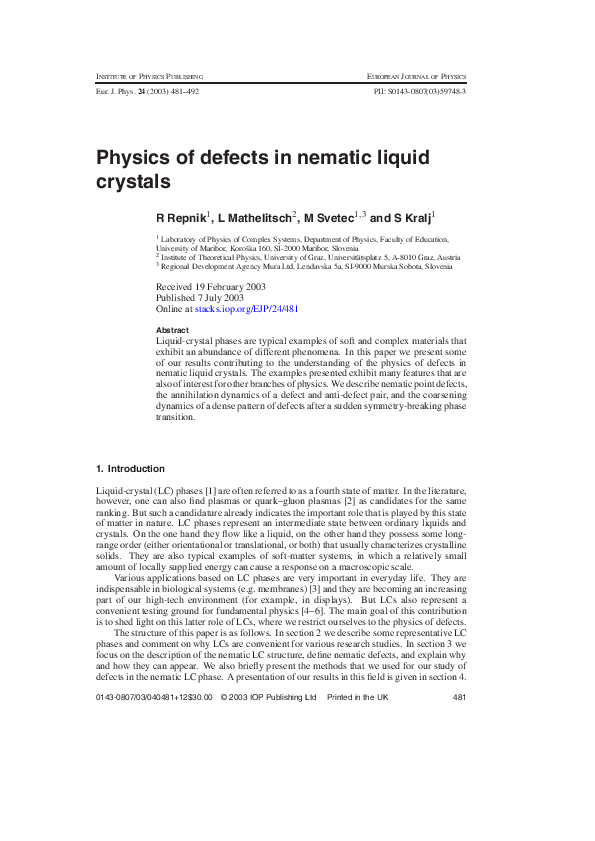 (PDF) Physics of defects in nematic liquid crystals