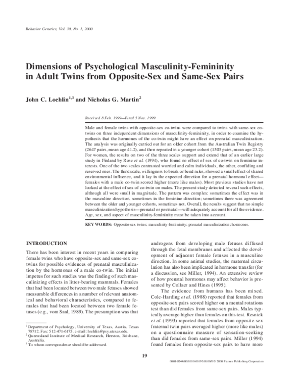 Pdf Dimensions Of Psychological Masculinity Femininity In Adult Twins