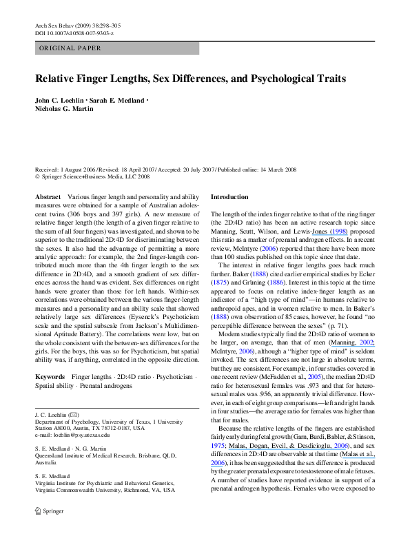 (PDF) Relative Finger Lengths, Sex Differences, and Psychological Traits