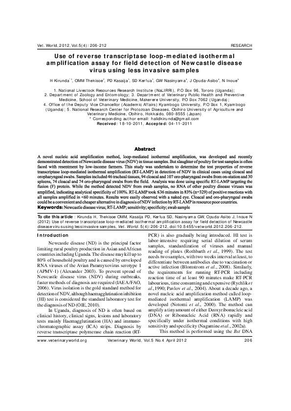 Pdf Use Of Reverse Transcriptase Loop Mediated Isothermal