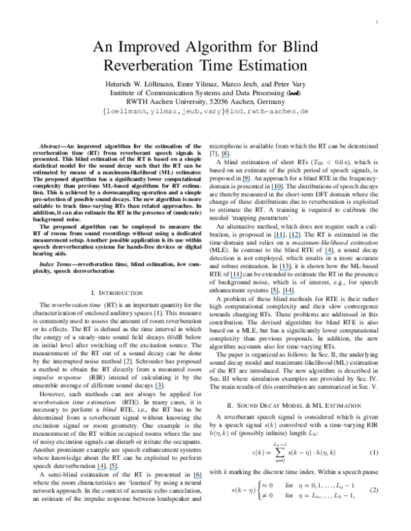 Pdf An Improved Algorithm For Blind Reverberation Time Estimation
