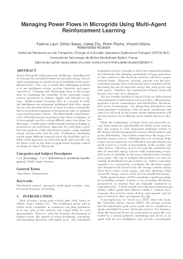 Pdf Managing Power Flows In Microgrids Using Multi Agent Reinforcement Learning