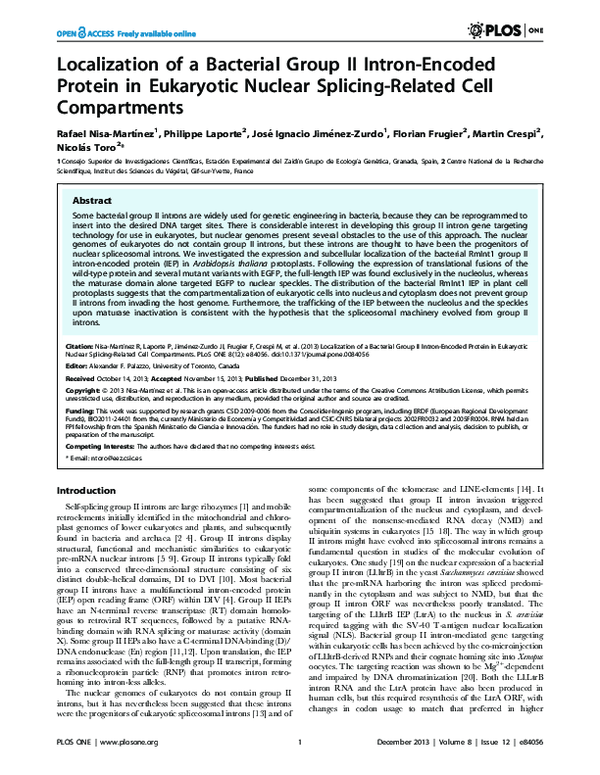 (PDF) Localization of a Bacterial Group II Intron-Encoded Protein in Eukaryotic Nuclear Splicing ...