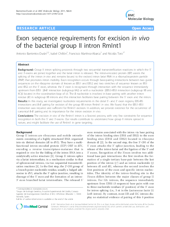 (PDF) Exon sequence requirements for excision in vivo of the bacterial ...