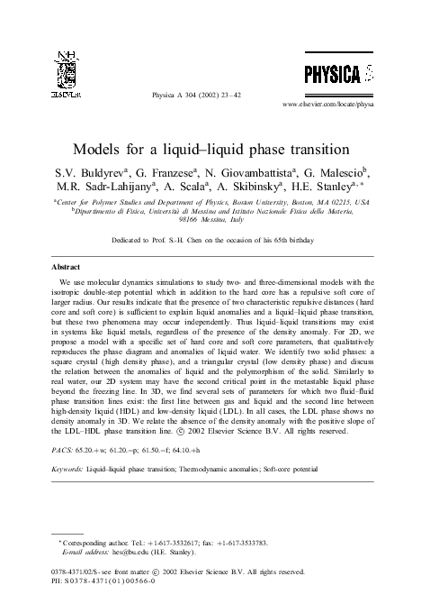 (PDF) Models for a liquid–liquid phase transition