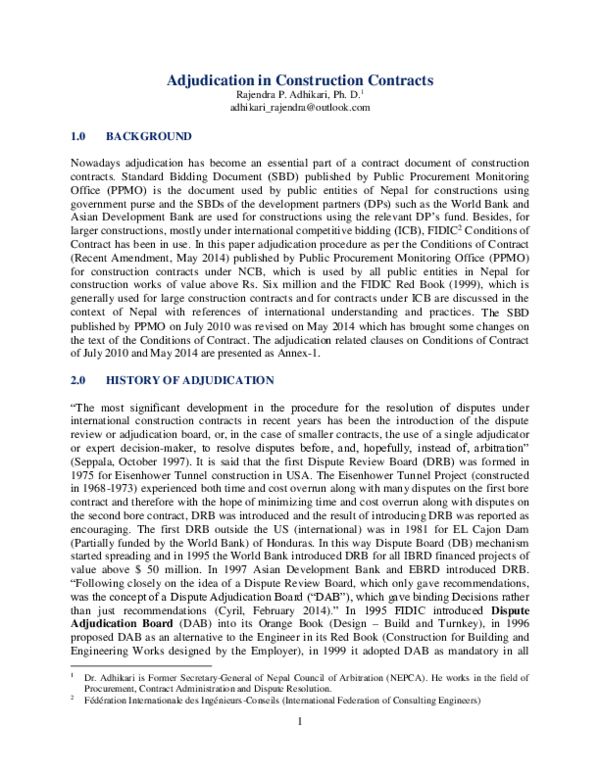 (PDF) Adjudication in Construction Contracts