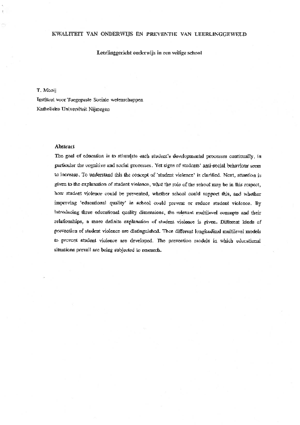 (PDF) Mooij, T. (1995). Kwaliteit van onderwijs en preventie van ...