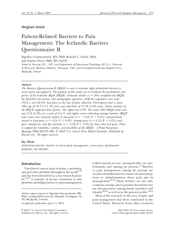 (PDF) Patient-Related Barriers to Pain Management: The Icelandic ...