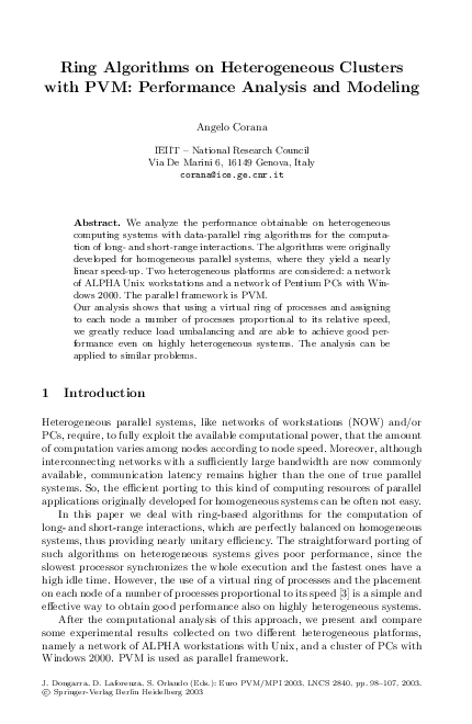 Pdf Ring Algorithms On Heterogeneous Clusters With Pvm Performance Analysis And Modeling