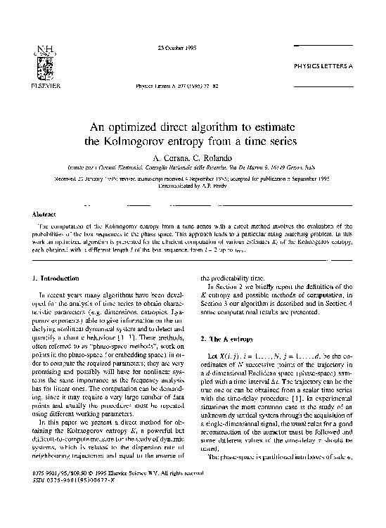 (PDF) An optimized direct algorithm to estimate the Kolmogorov entropy from a time series
