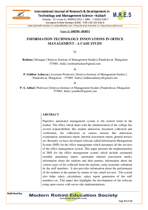 (PDF) INFORMATION TECHNOLOGY INNOVATIONS IN OFFICE MANAGEMENT -A CASE STUDY