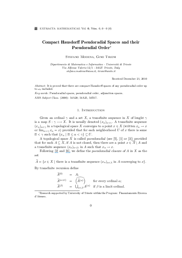 (PDF) Compact Hausdorff pseudoradial spaces and their pseudoradial order